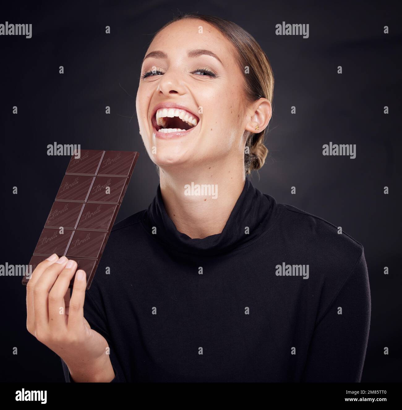 Chocolate, diet and beauty with woman and skincare with healthy candy ...