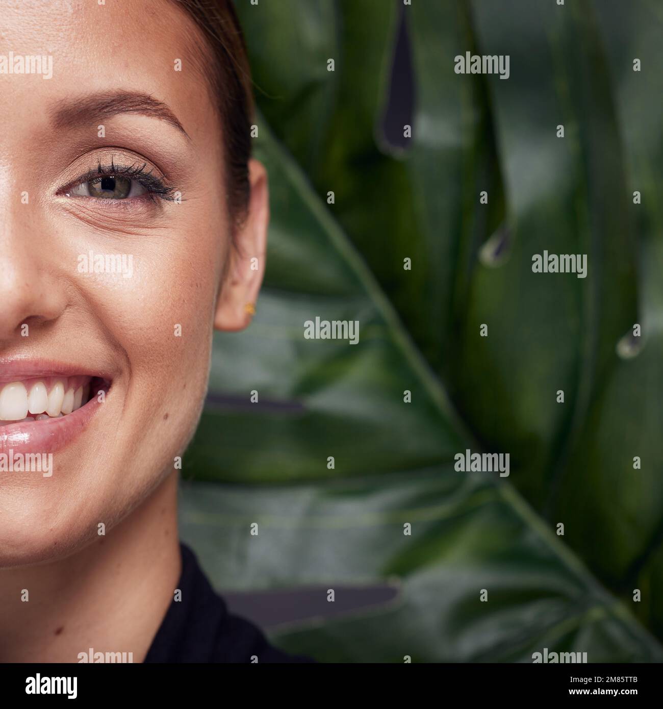 Beauty, skin and face with leaf and woman, skincare with nature ...