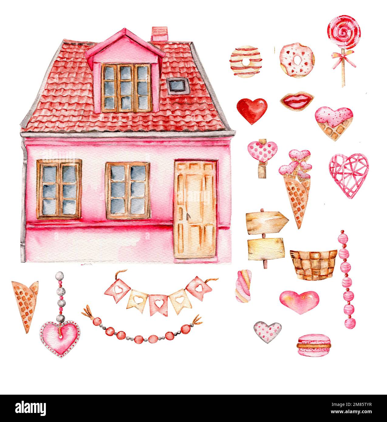 Watercolor illustration of an old pink country house and valentine ...