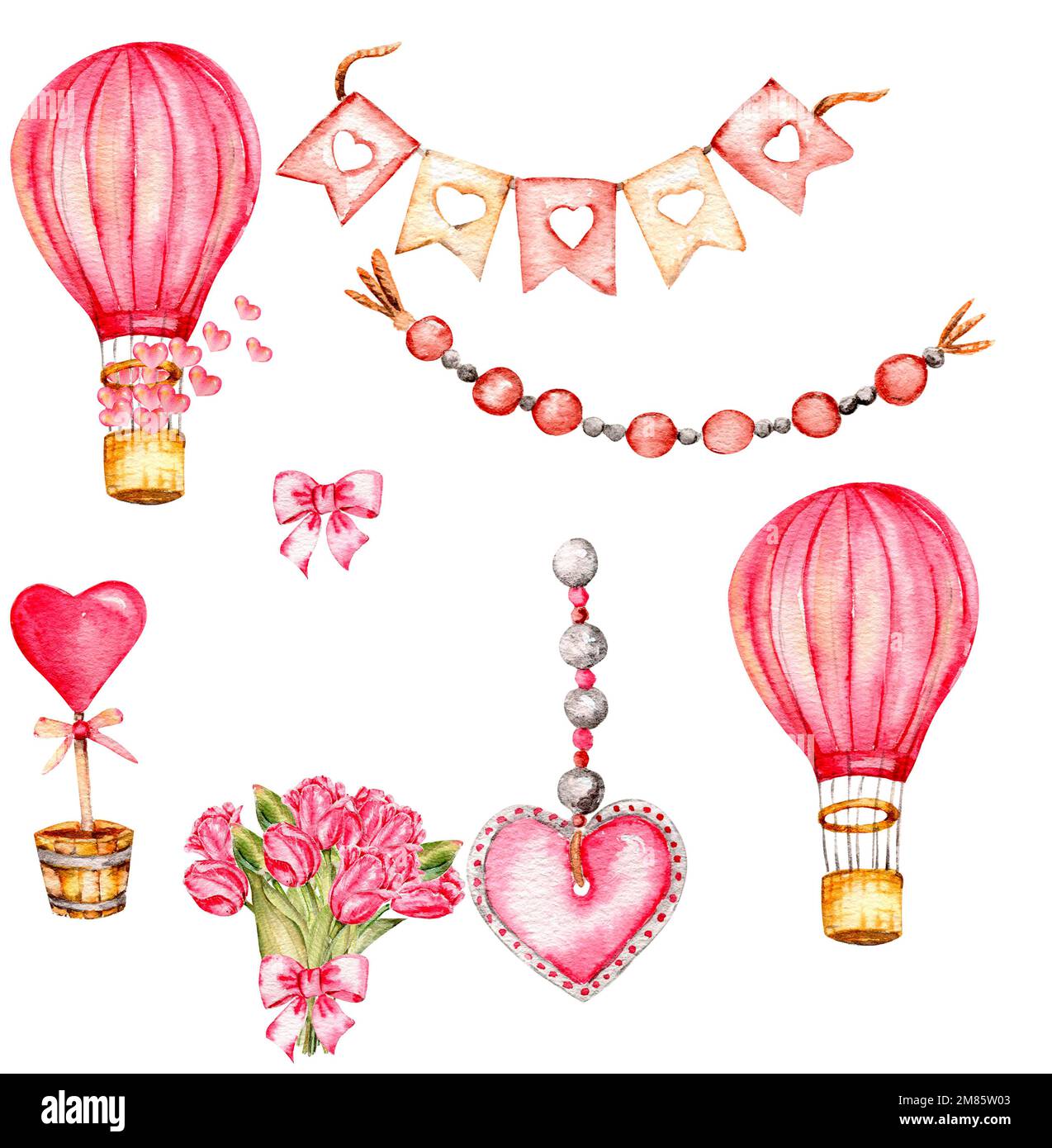 Watercolor illustration of an pink balloon and valentine party elements ...