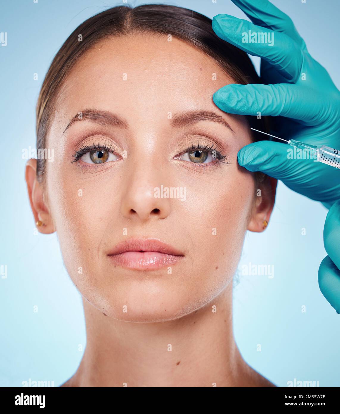 Plastic surgery, skincare and woman with injection, healthcare and on ...