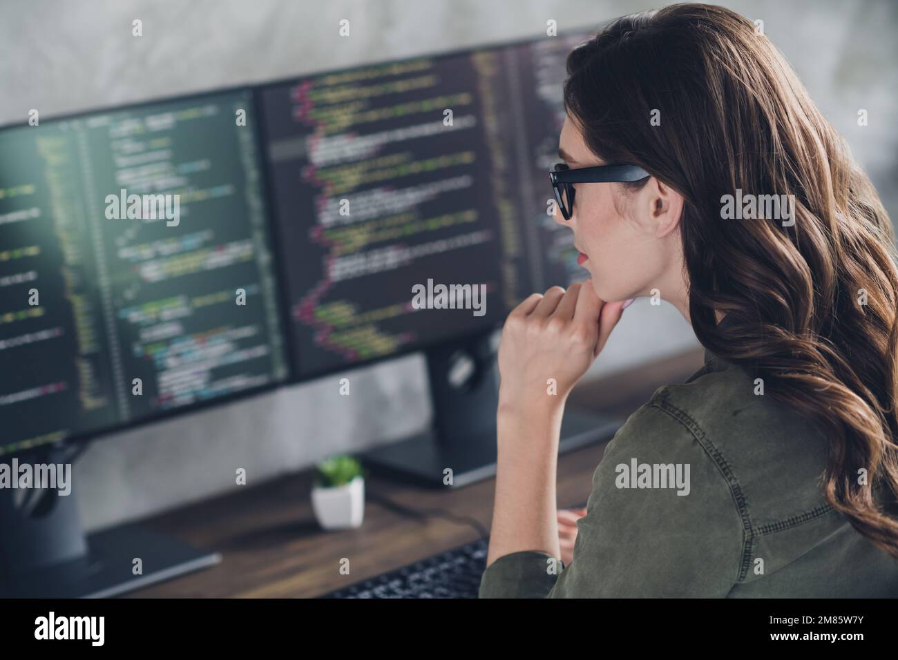 Profile photo of creative smart pc operator girl arm touch chin ...