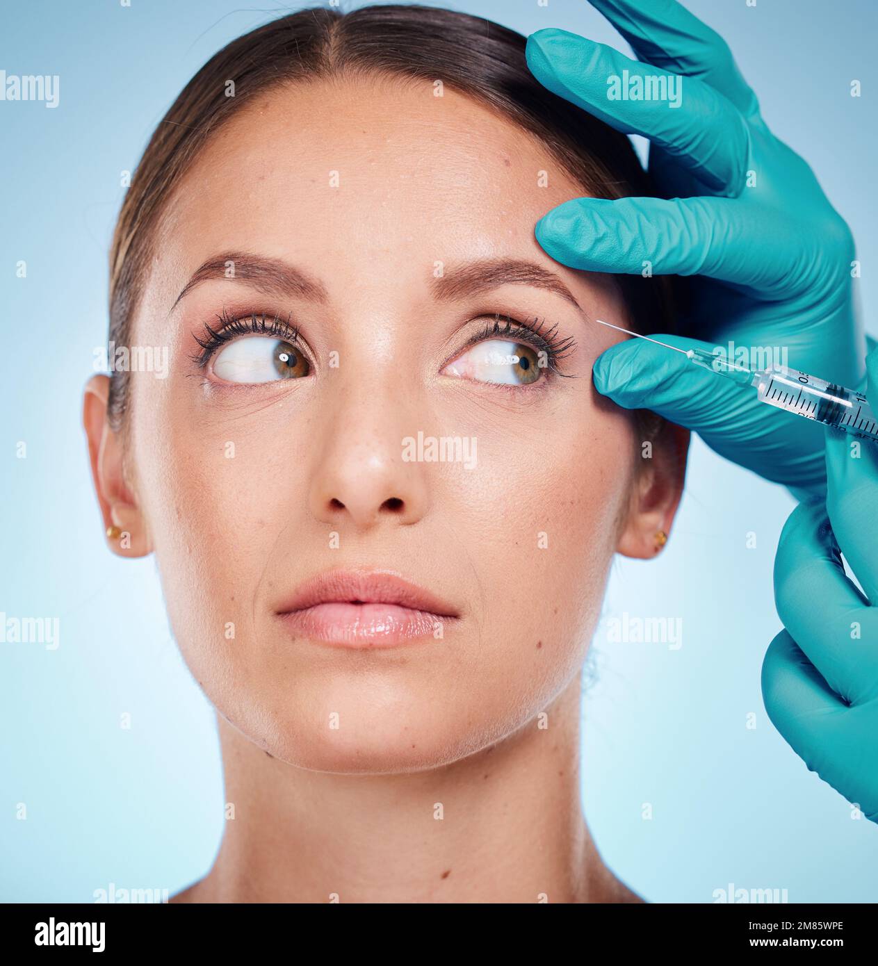 Plastic surgery, skincare and woman with injection, healthcare and on ...