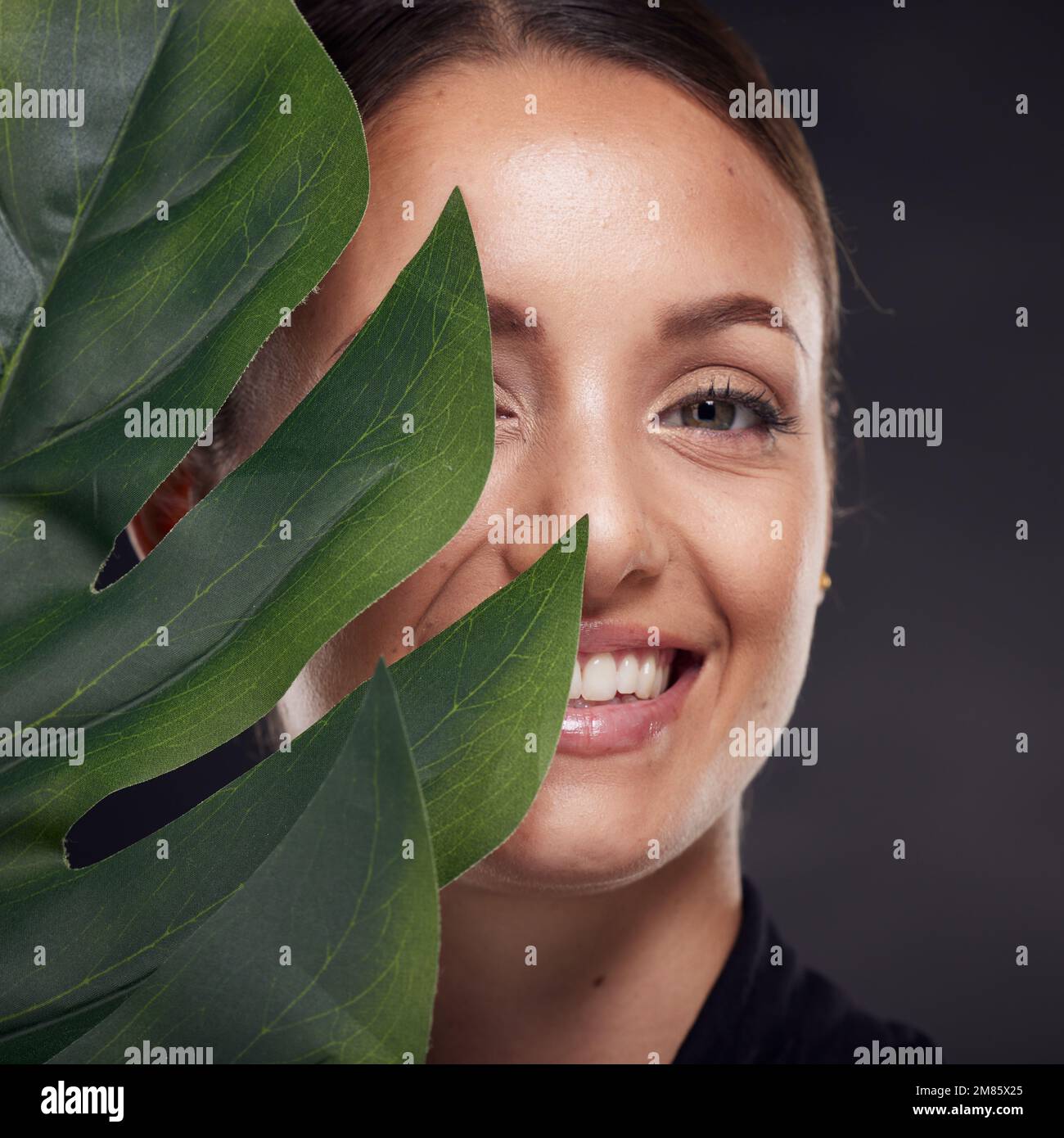 Beauty, skin and face with leaf and woman, skincare with nature ...