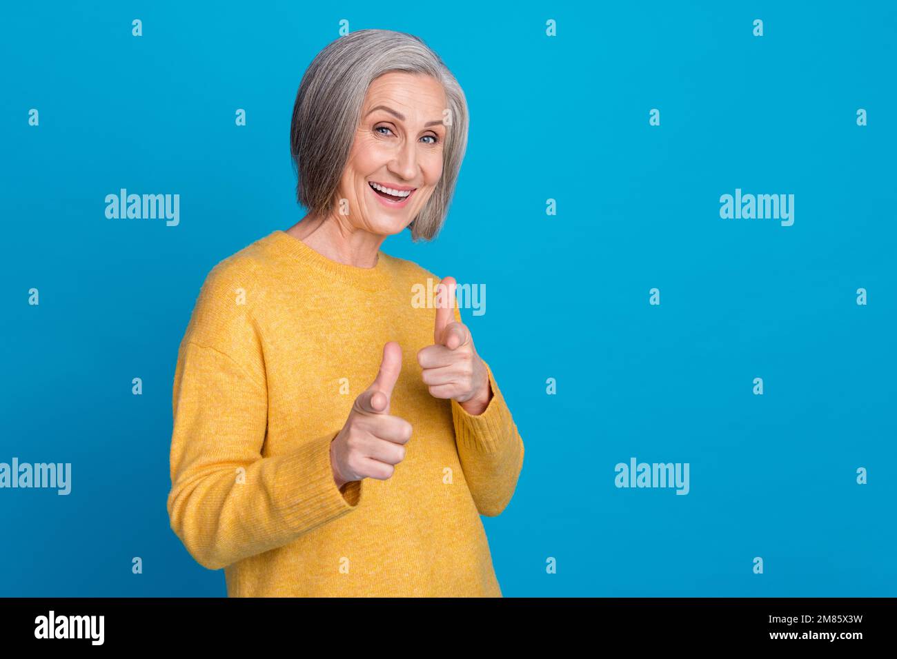 Photo portrait of stunning grandma fingers point you cool energetic ...