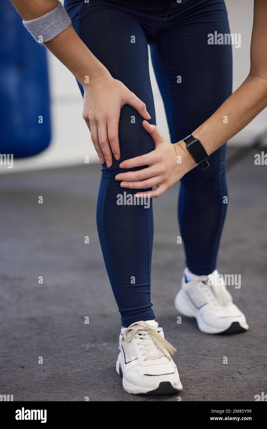 Woman, fitness legs and knee pain in gym for wellness injury, exercise ...
