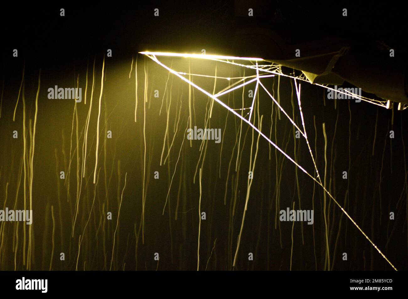 Street Light shining in a snowstorm with a large Cobweb in the ...