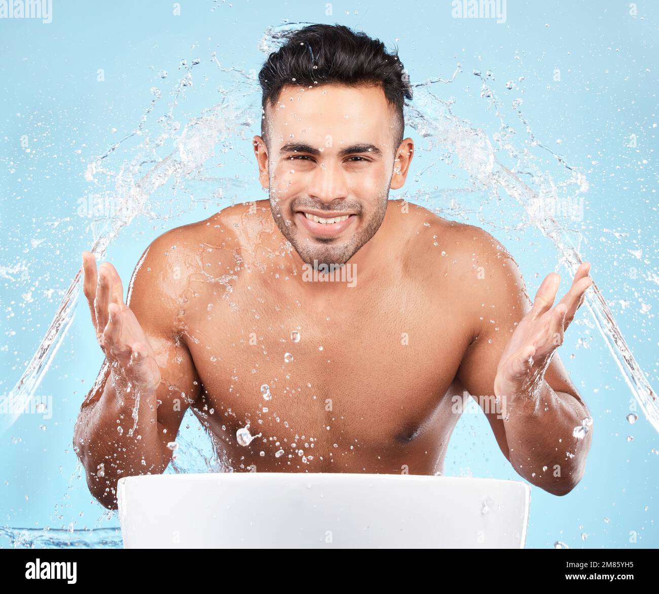 Cleaning Water Splash And Portrait Of Man Happy With Self Care Routine