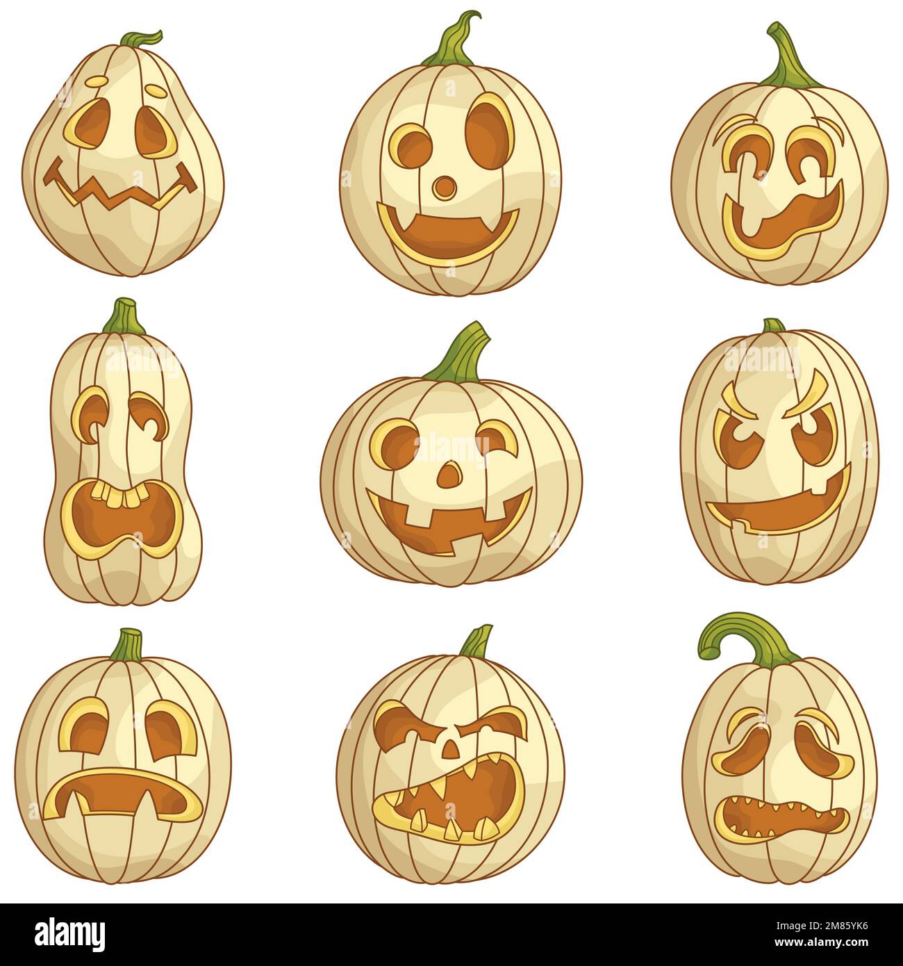 Collection of white Jack-o'-lantern pumpkins for Halloween. Set of ...