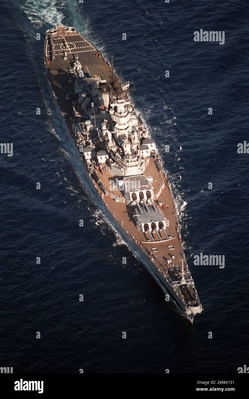 An aerial starboard bow view of the battleship USS MISSOURI (BB-63 ...