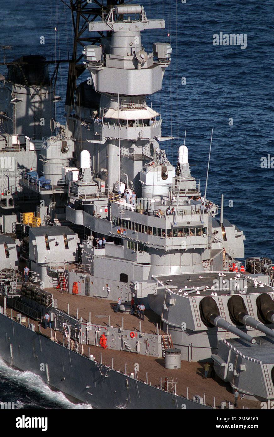 A starboard amidships view of the superstructure of the battleship USS ...