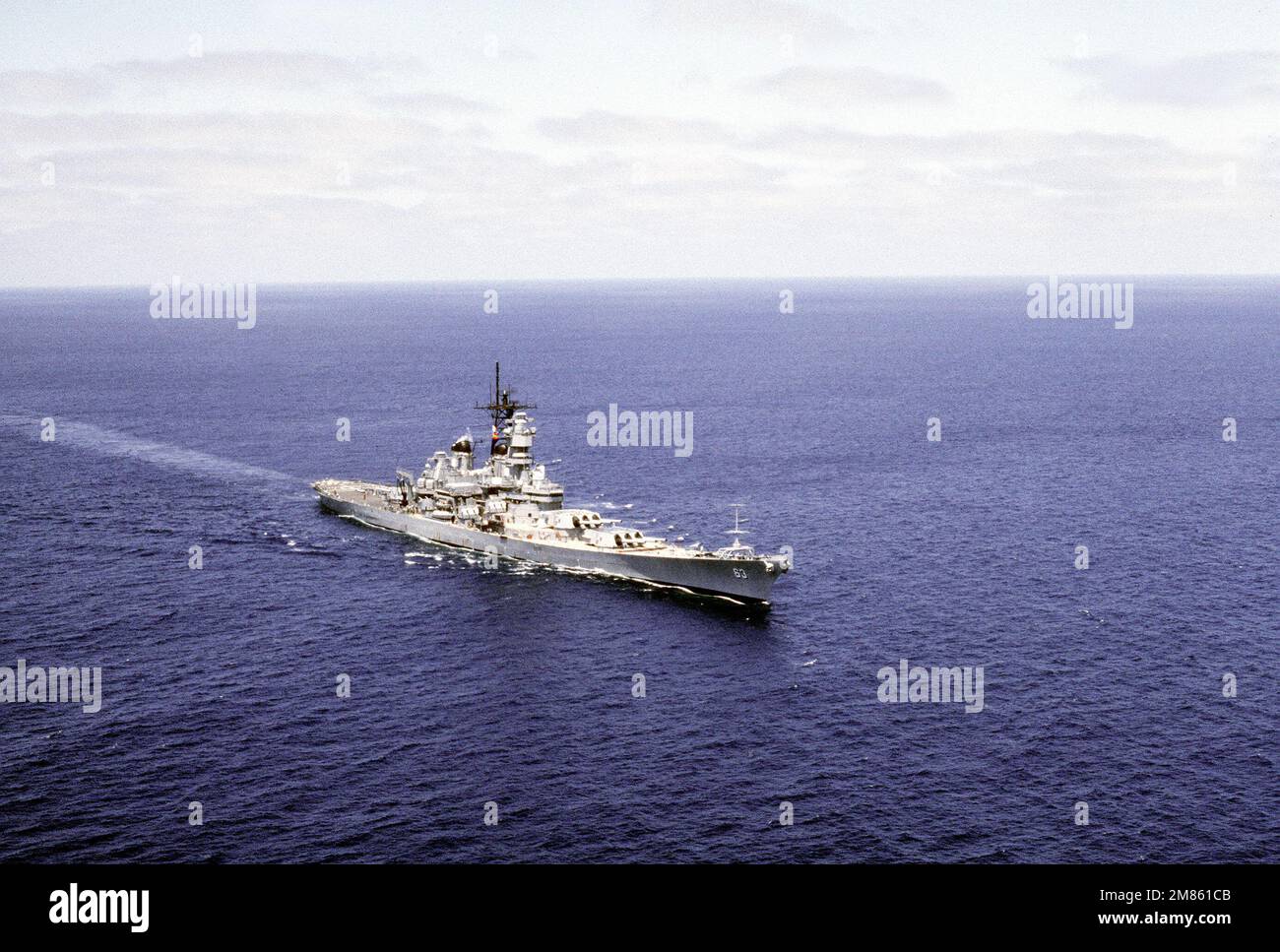 A starboard bow view of the battleship USS MISSOURI (BB-63) underway ...