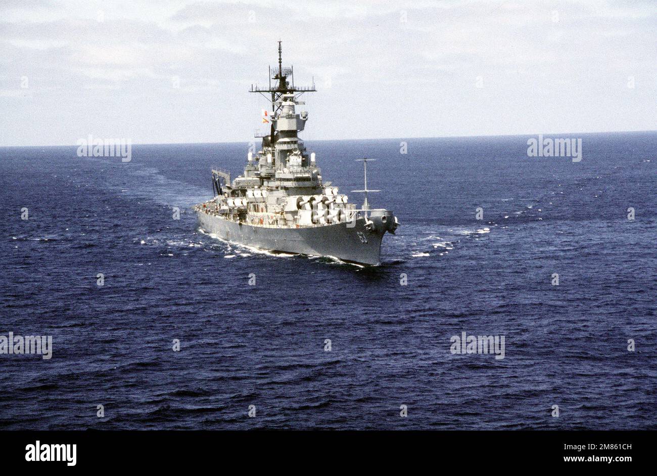 A starboard bow view of the battleship USS MISSOURI (BB-63) underway ...