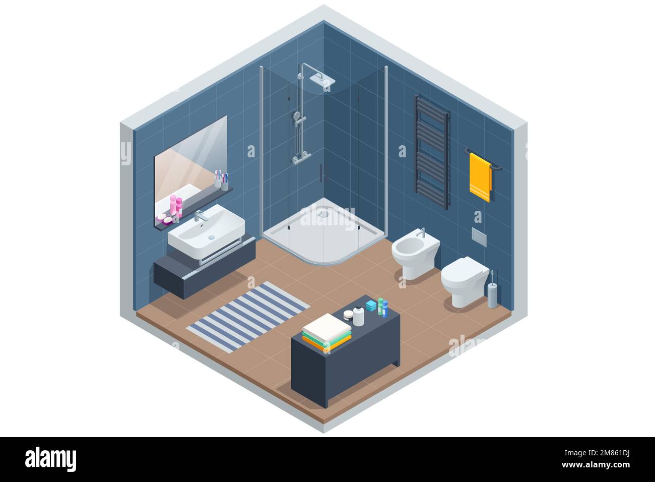 Isometric modern bathroom interior with a white toilet, mirror, sink ...