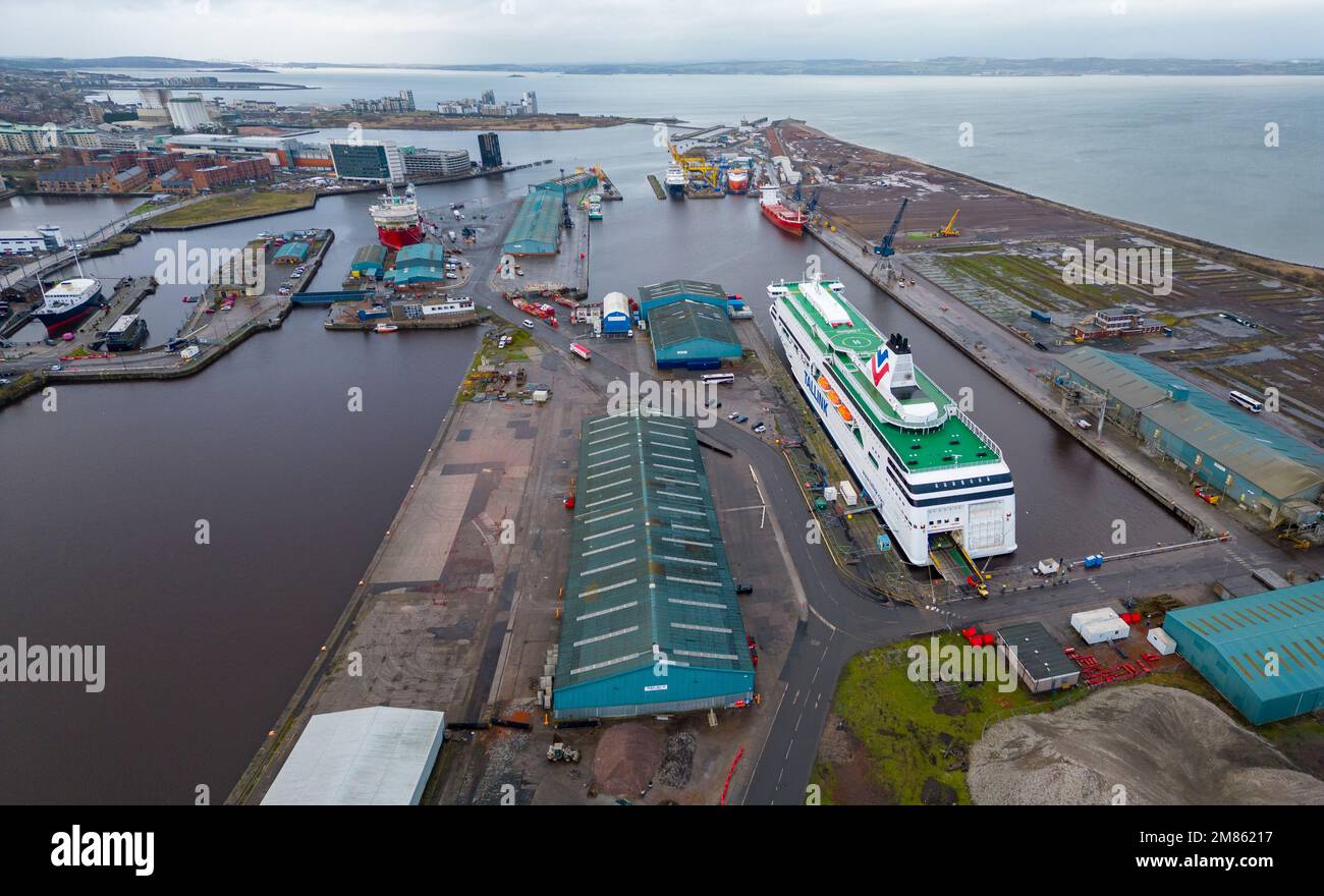 Edinburgh, Scotland, UK. 12 January 2023. Aerial views of Forth Ports docks in Leith, Edinburgh ...