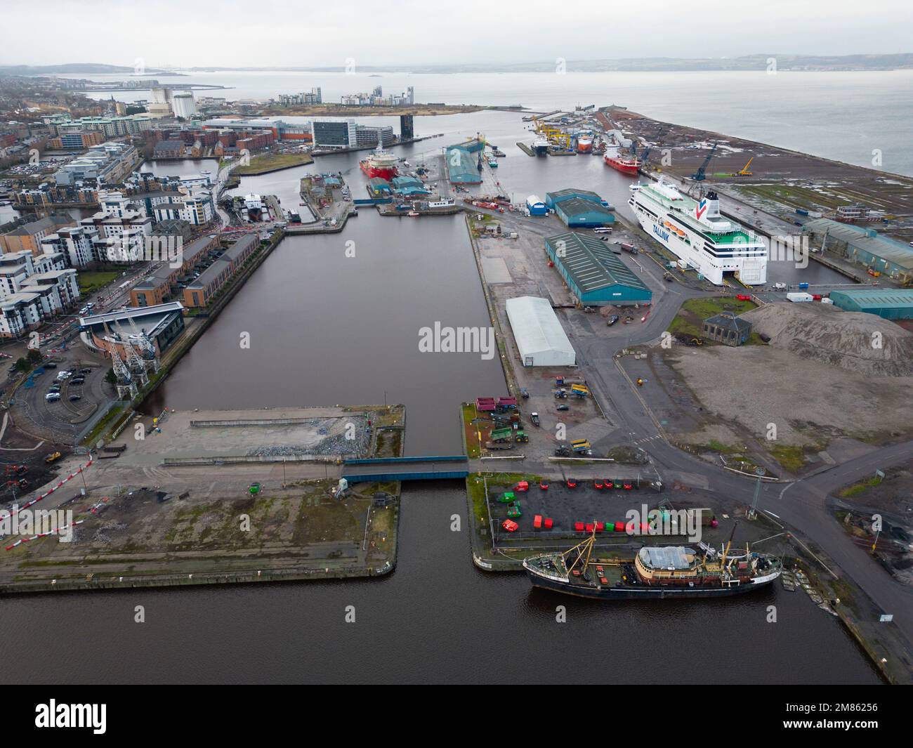 Edinburgh, Scotland, UK. 12 January 2023. Aerial views of Forth Ports docks in Leith, Edinburgh ...
