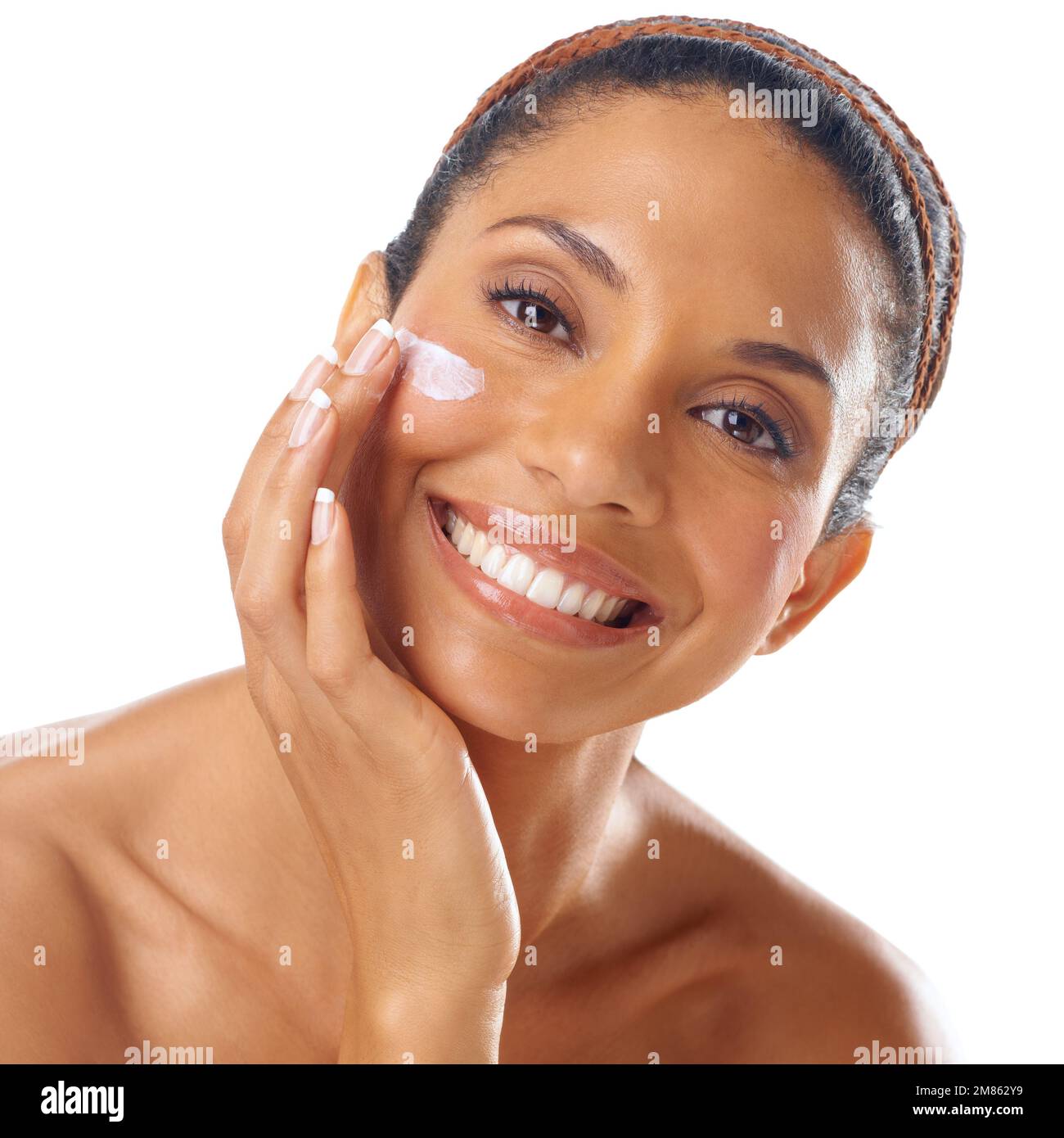Beauty cream, skincare and face of woman in studio on a white ...