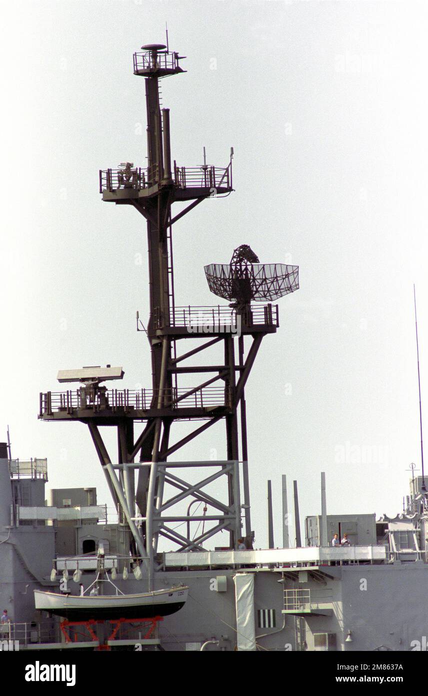 A view of the aft mast of the destroyer USS COMTE DE GRASSE (DD-974 ...