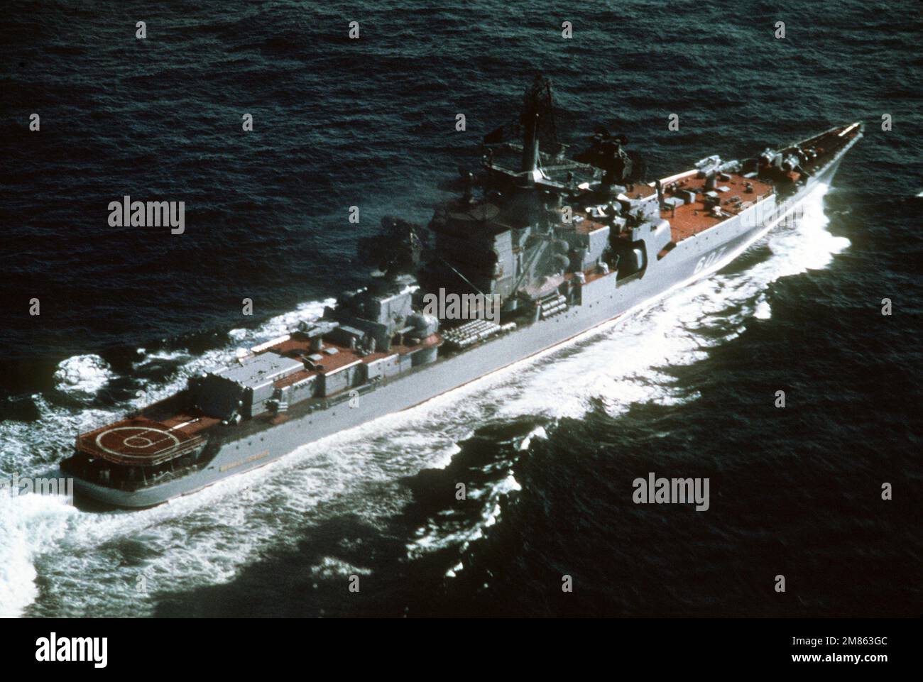 A starboard quarter view of a Soviet Kresta II Class guided missile ...