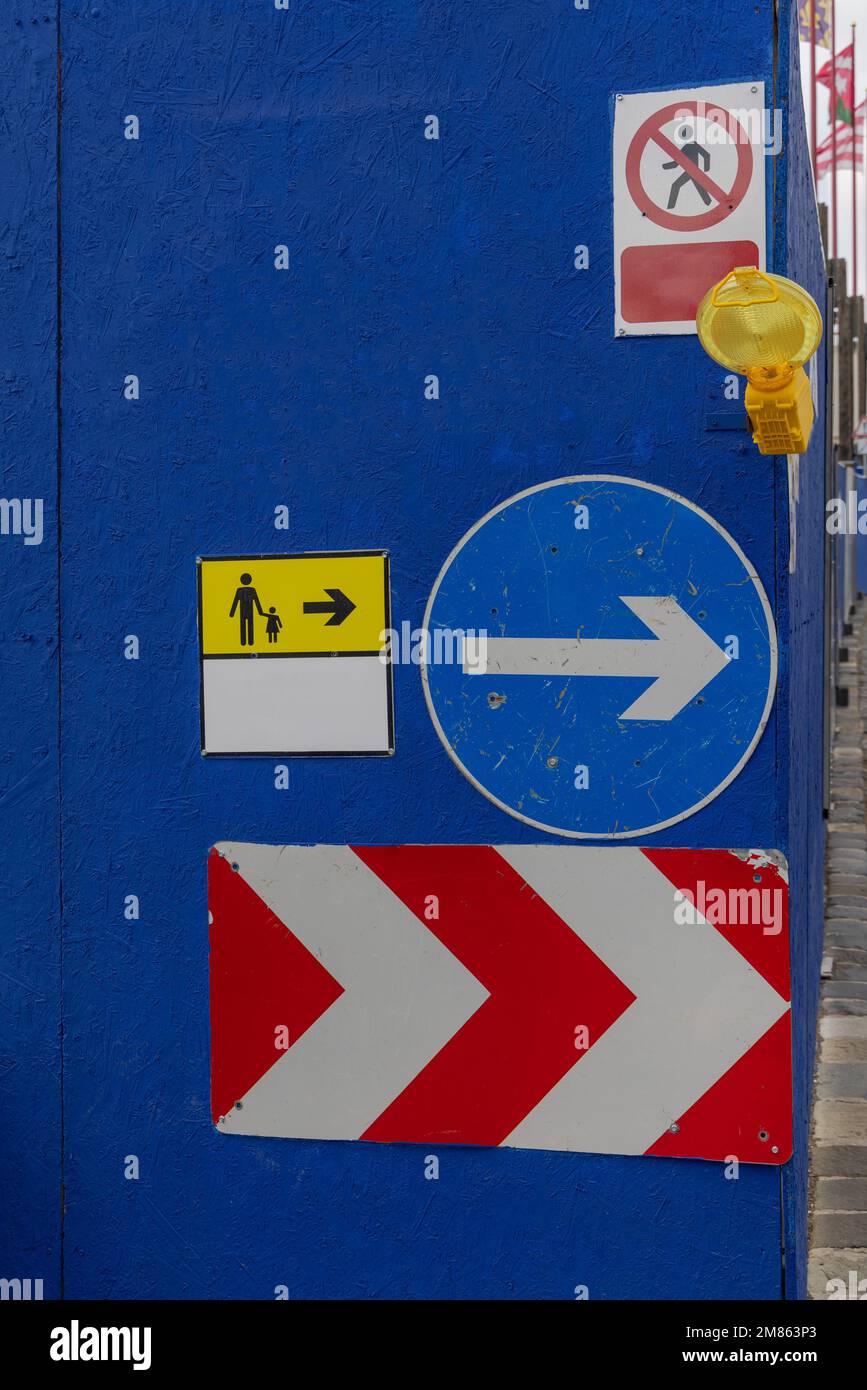 Pedestrians Way Arrow Sign With Beacon Warning Light at Construction ...