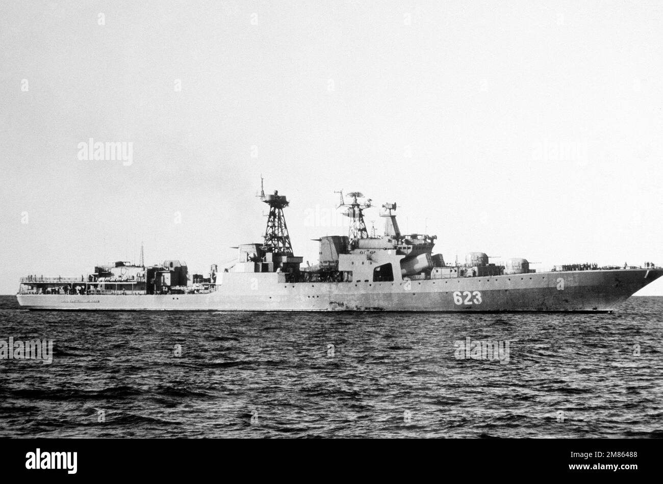 A starboard view of the Soviet guided missile destroyer VITSE ADMIRAL ...