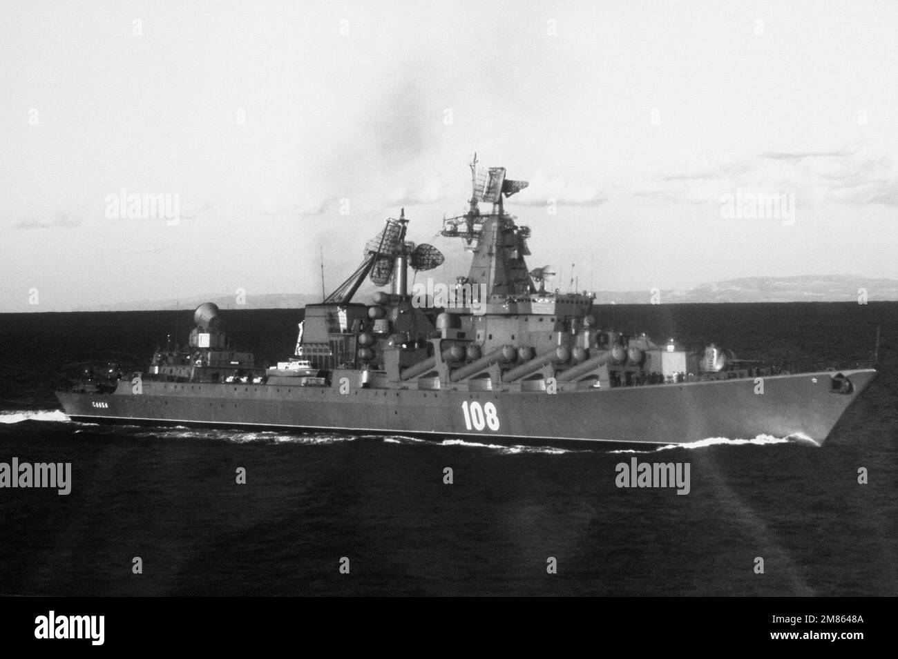 A starboard bow view of the Soviet cruiser SLAVA underway. Country ...