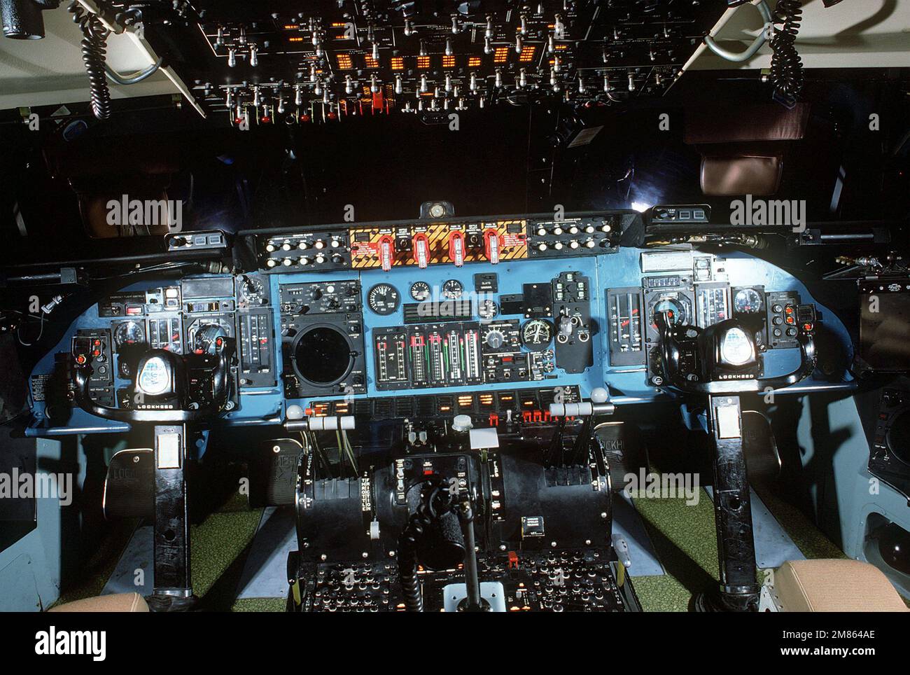 The flight console of a C-5 Galaxy aircraft flight simulator. Base ...