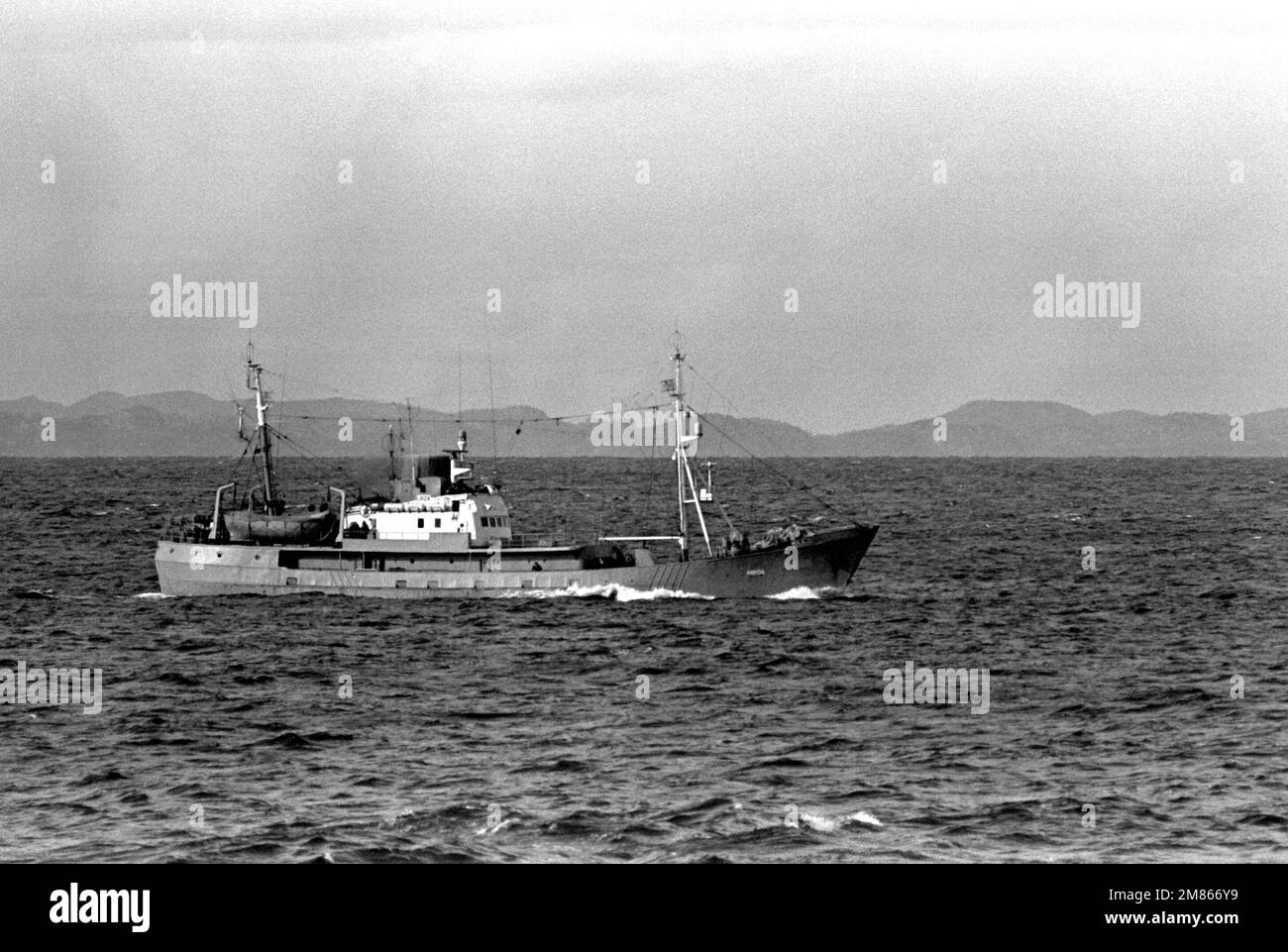 A starboard beam view of the Soviet Okean class intelligence collection ...