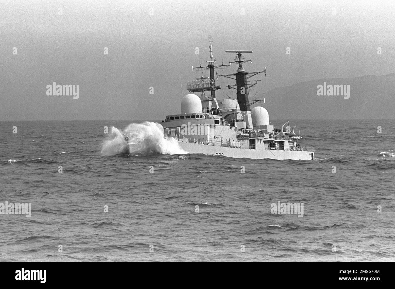 A port bow view of the British destroyer HMS LIVERPOOL (D-92) underway ...