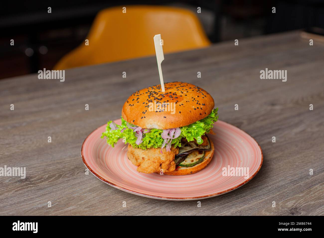 Closeup plate with juicy appetizing chicken burger isolated on wooden ...