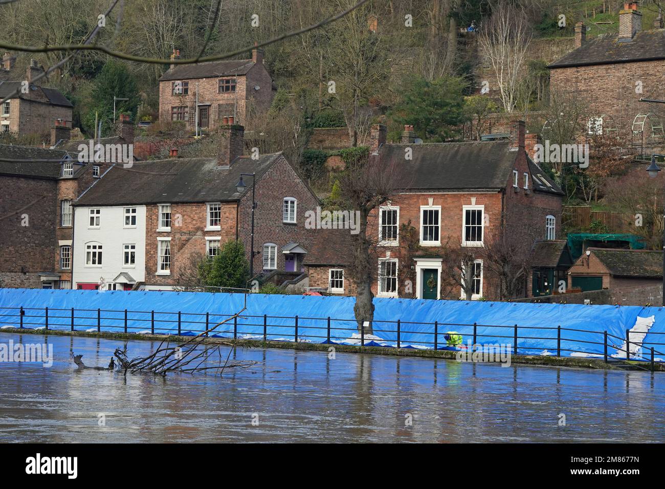 A tree branch drifts down the swollen River Severn, as flood defenses ...