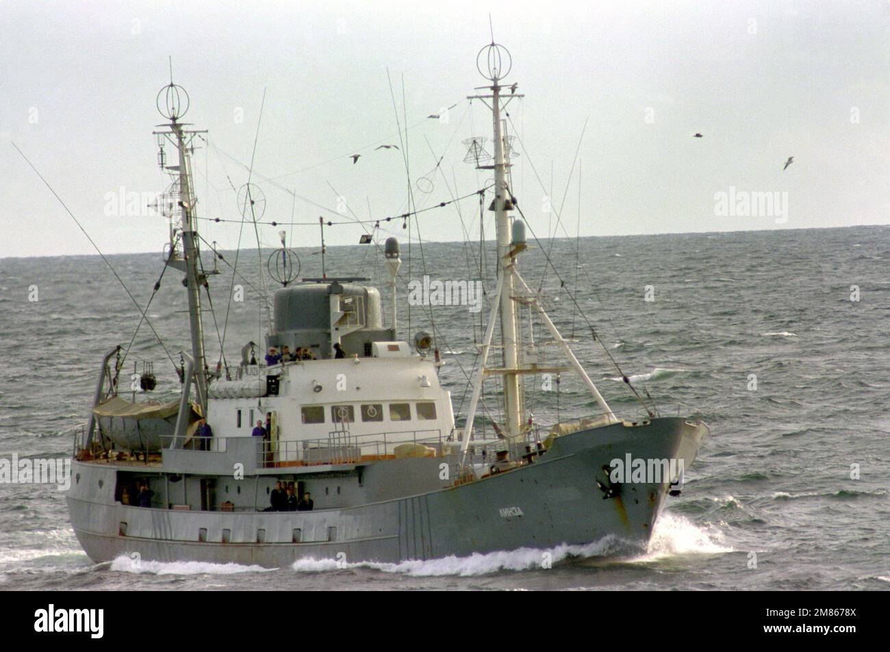A starboard bow view of the Soviet Okean class intelligence collection ...