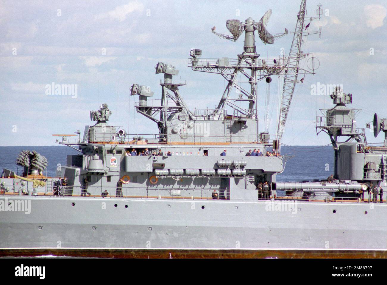 A port view of the bridge area and superstructure of the Soviet Krivak ...