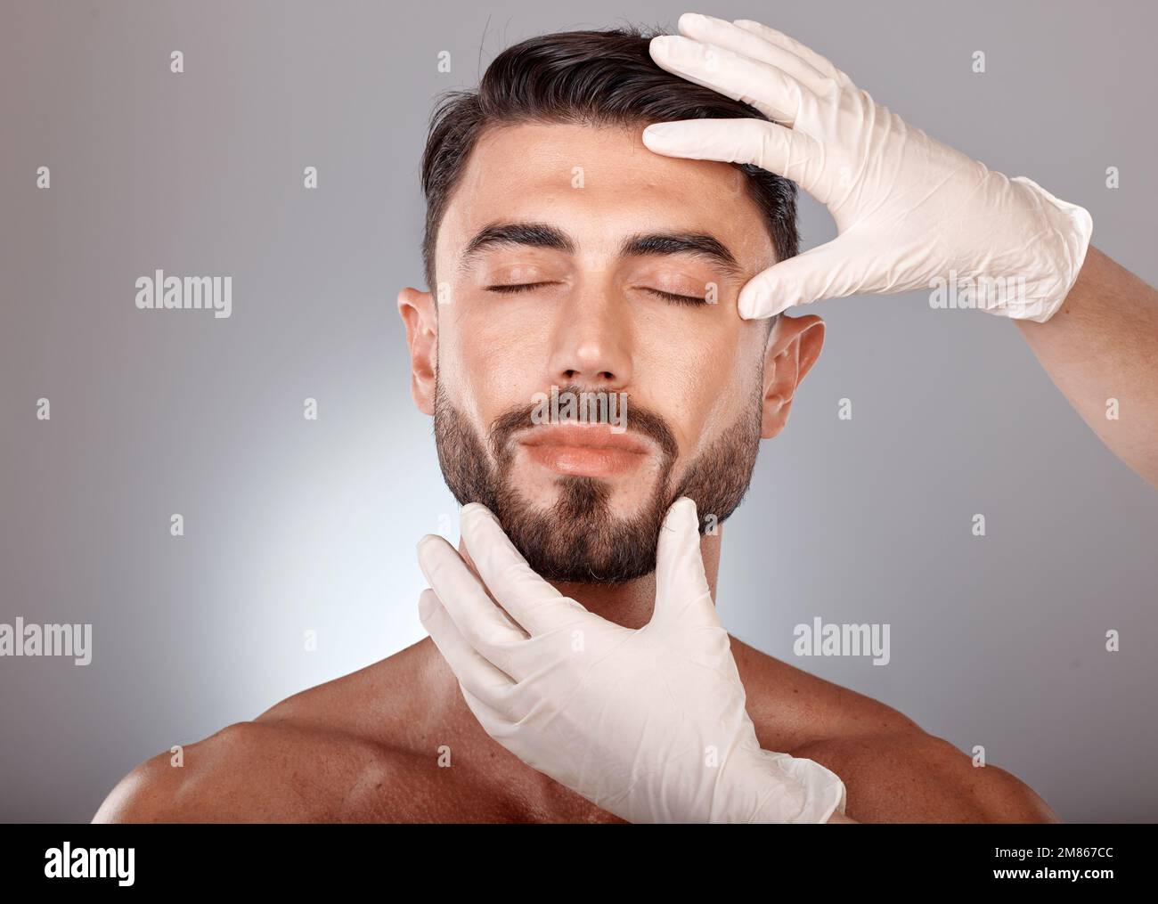 Plastic surgery, cosmetics and man with doctor hands in studio mockup for botox, aesthetic or ...