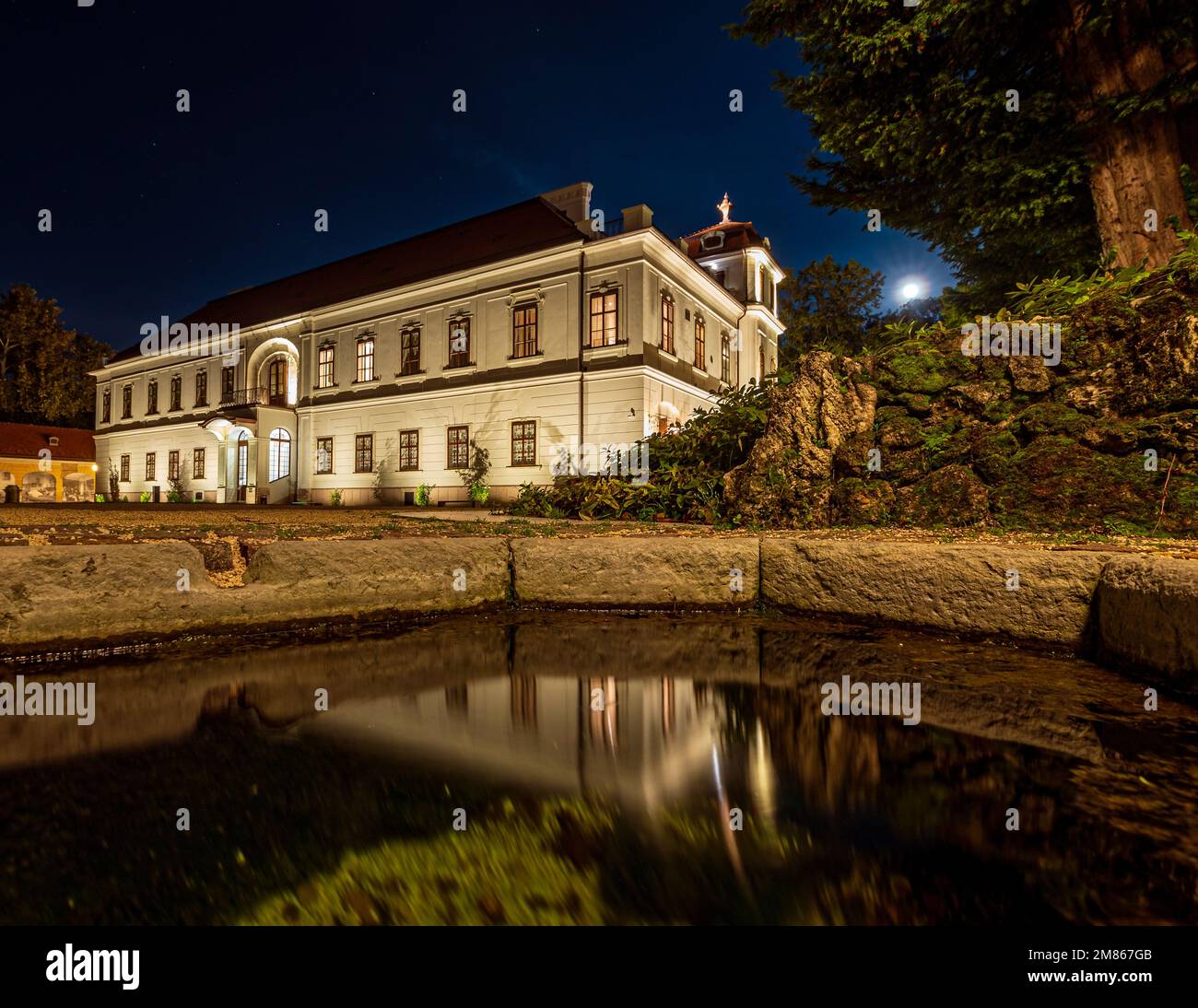 Night photo about the Eszterhazy castle next to old lake in Tata town ...