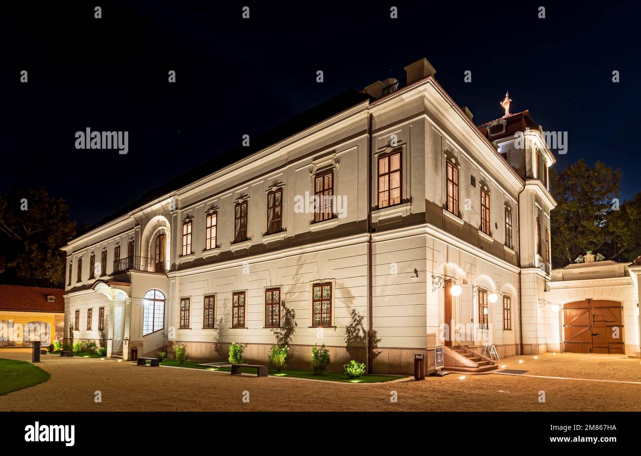 Night photo about the Eszterhazy castle next to old lake in Tata town ...
