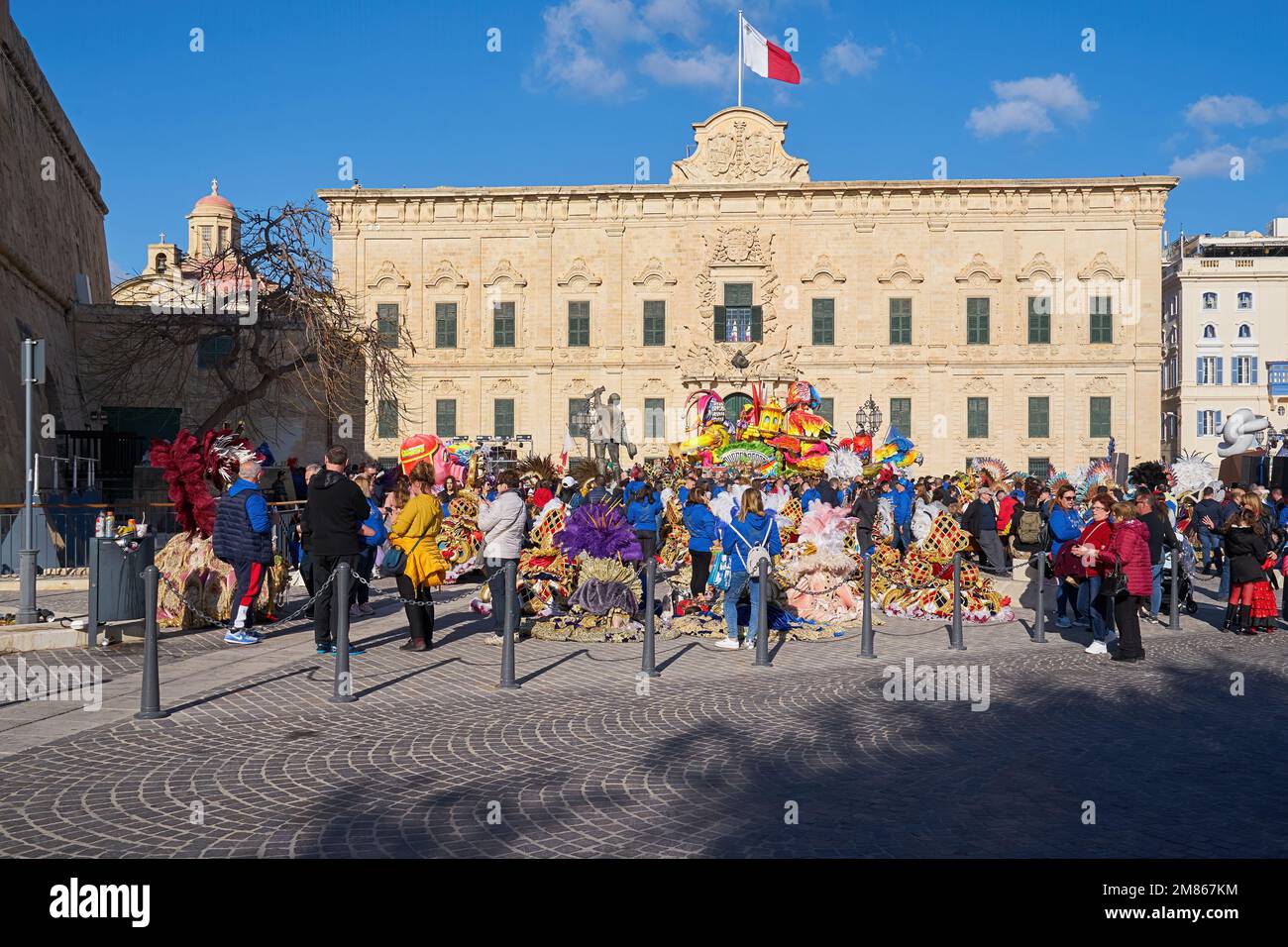 Central square of Valletta during Mardi Gras parade and crowd of people ...