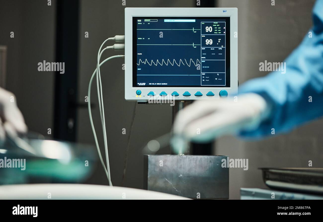 Electrocardiogram monitor, hands of doctors with scalpel for surgery ...