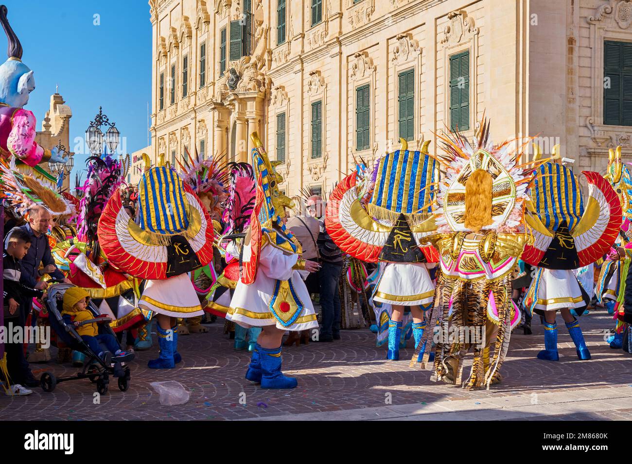 Central square of Valletta during Mardi Gras parade and crowd of people ...