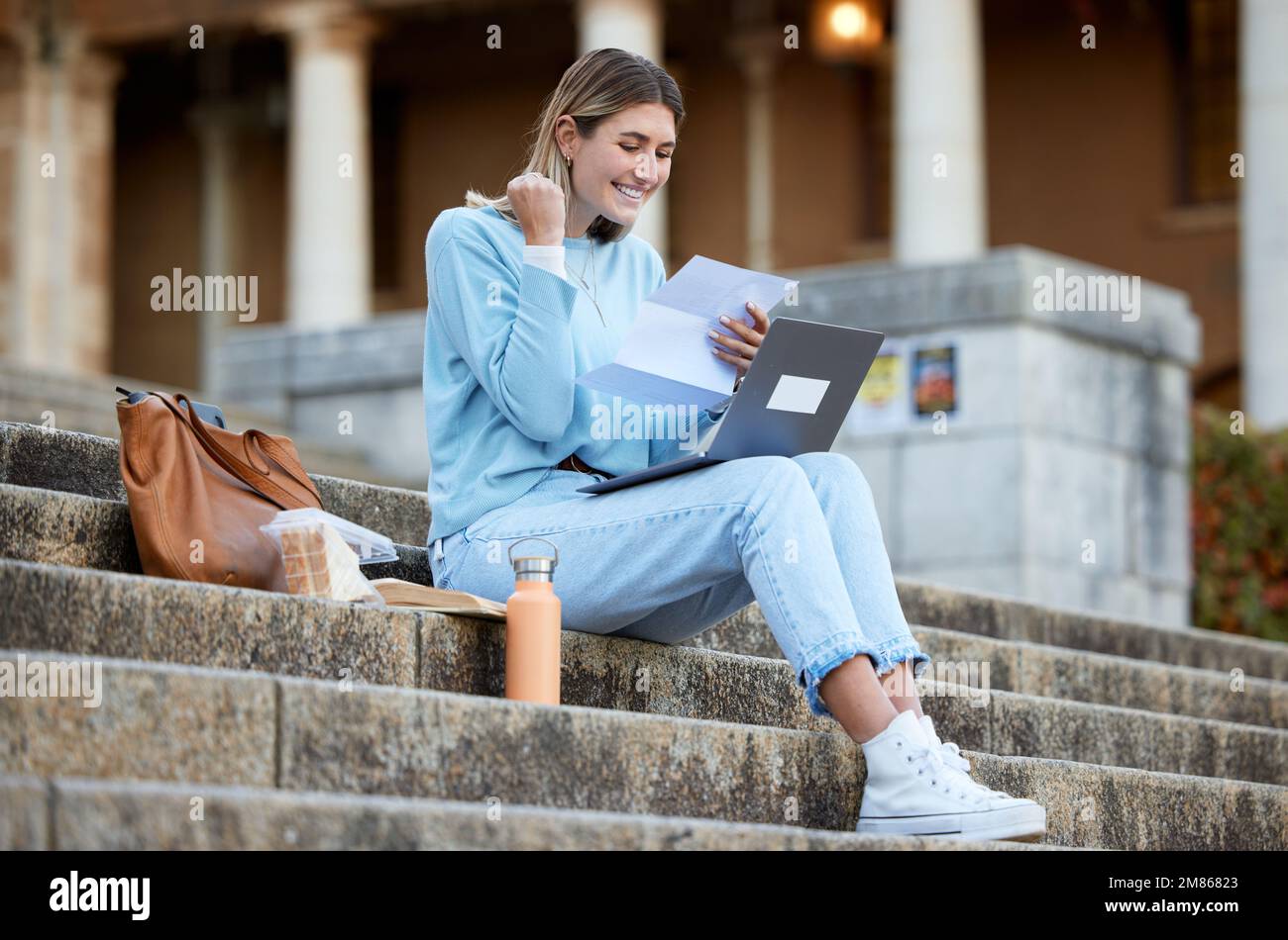 Wow, success or excited college student with news, results or report feedback at university ...