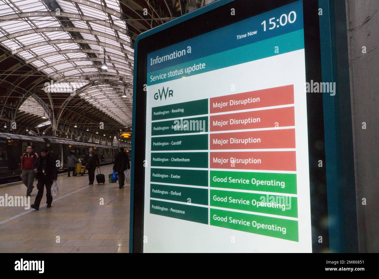 London, UK, 12 January 2023: Trains out of Paddington were cancelled ...