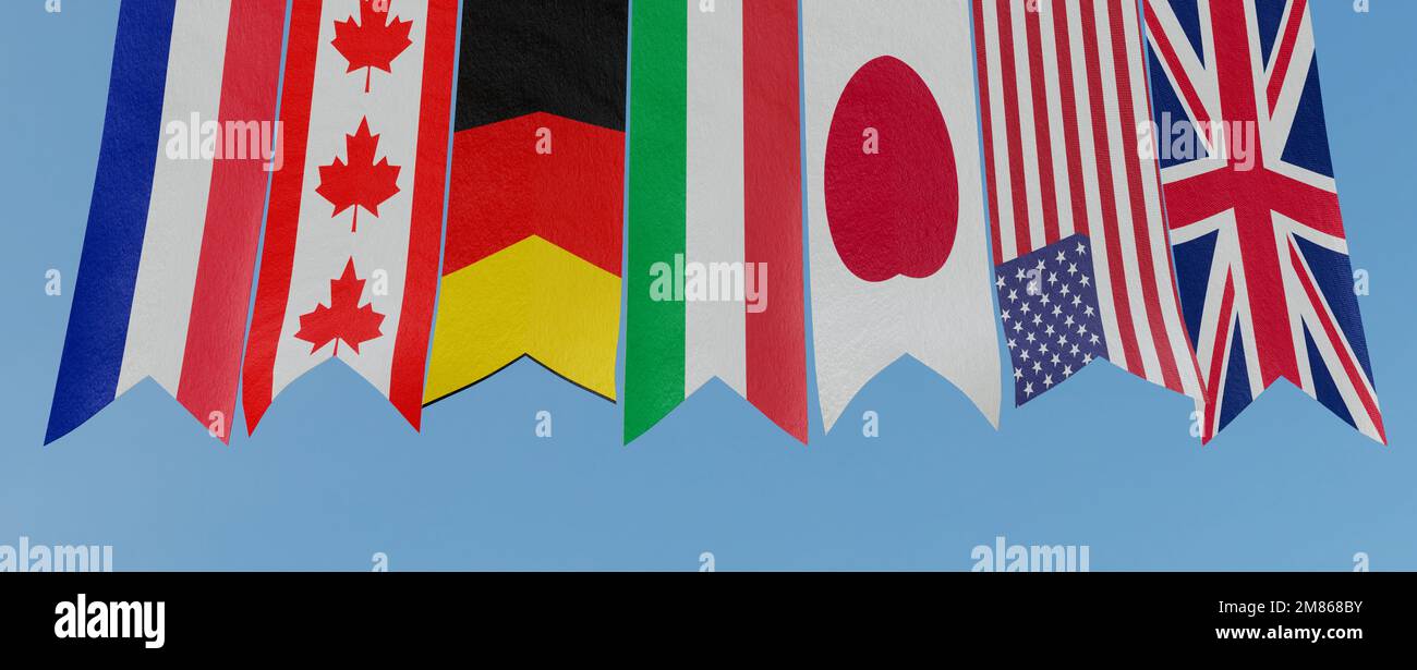 G7 summit. flags of members of G7 group of seven and list of countries ...