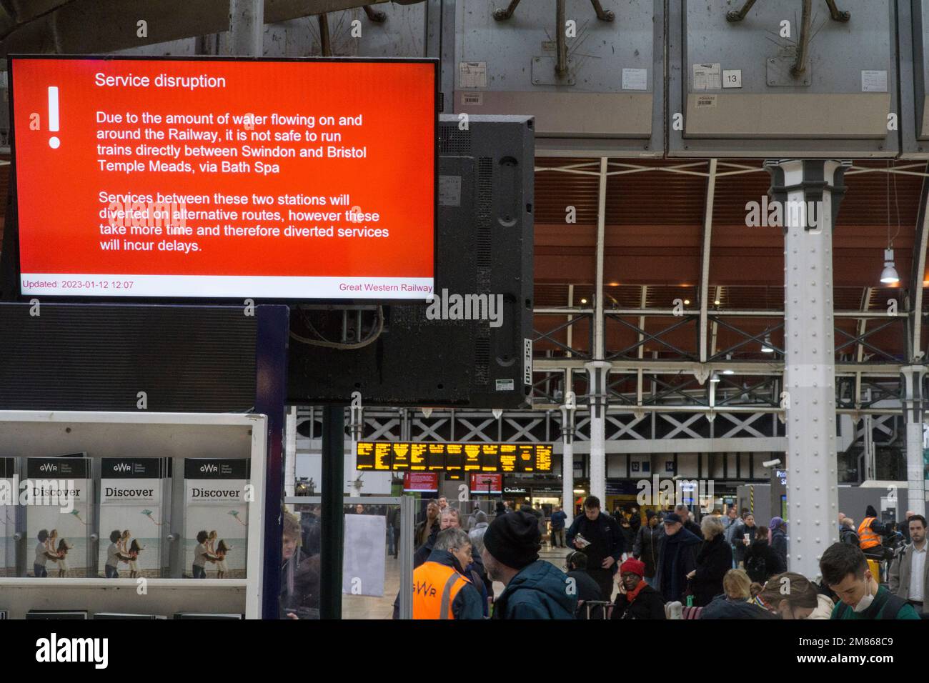 London, UK, 12 January 2023: Trains out of Paddington were cancelled ...