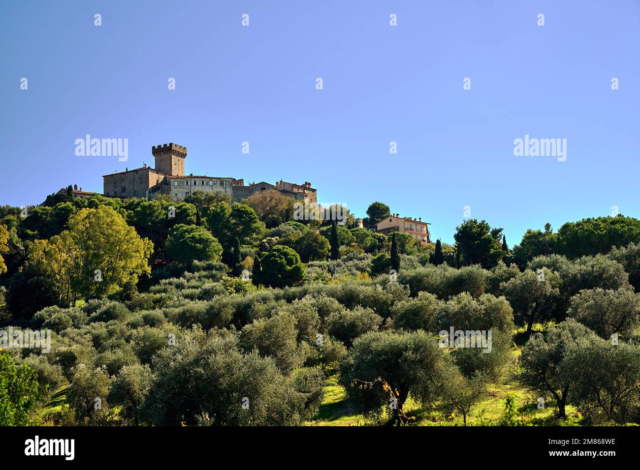 stone buildings and tower of a medieval castle in the village of ...