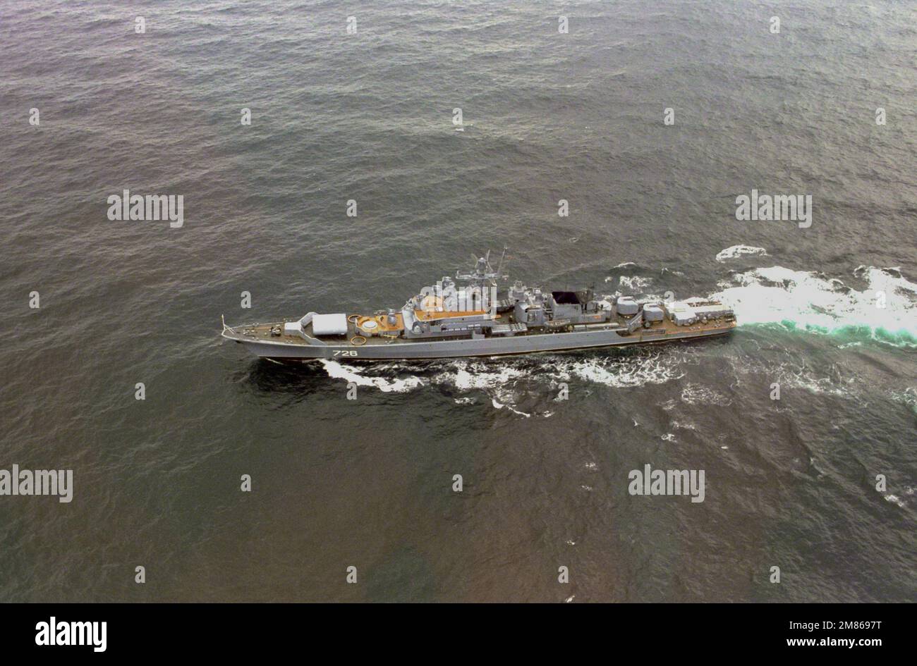 An elevated port beam view of the Soviet Krivak I class frigate DRUZHNY ...
