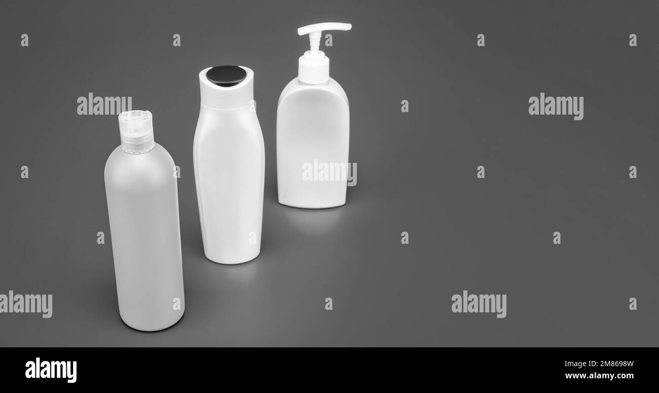 For liquid storing. Bottles with flip cap and pump dispenser. Cosmetic ...