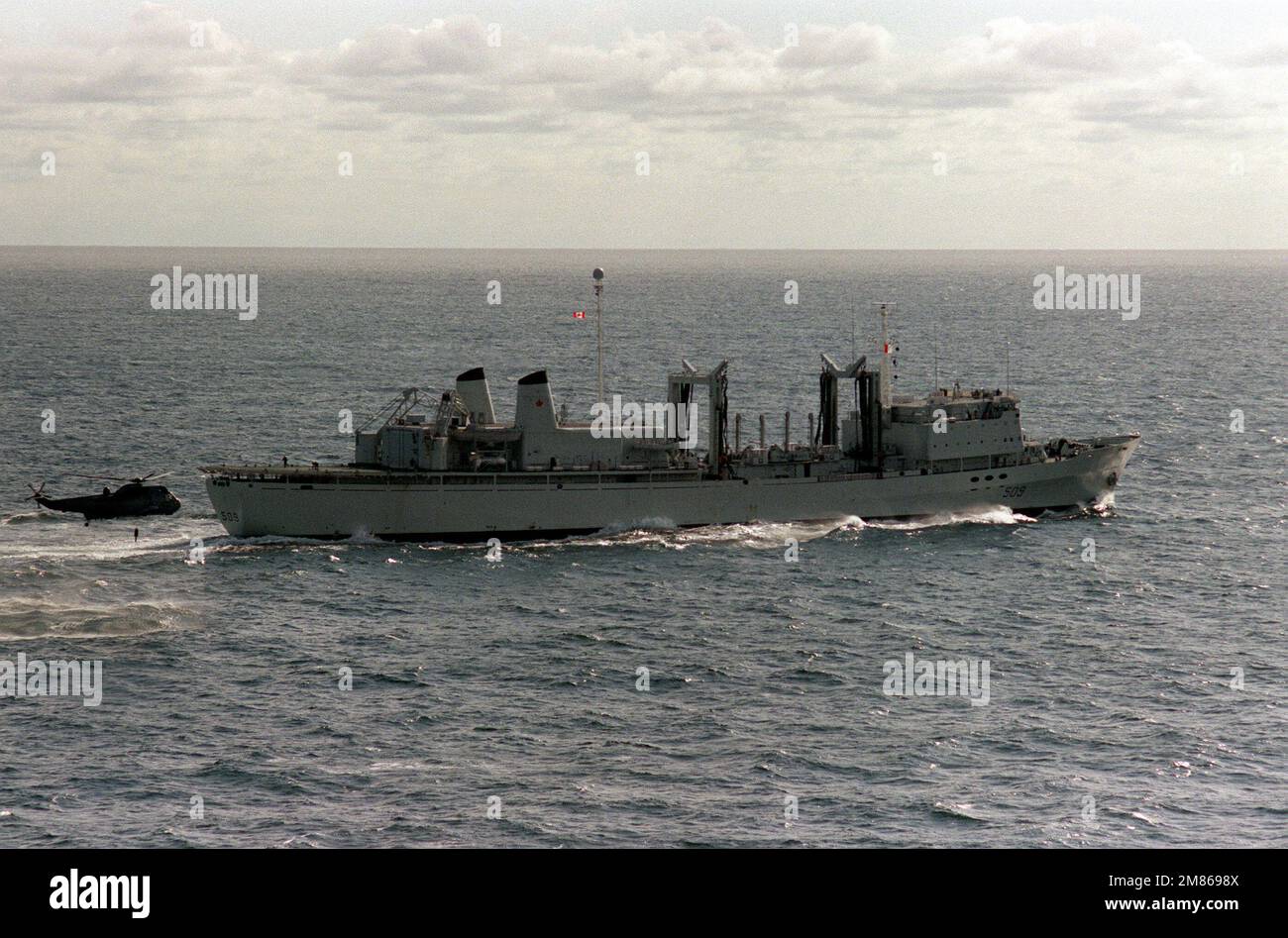 An aerial starboard beam view of the Canadian replenishment ship HMCS ...