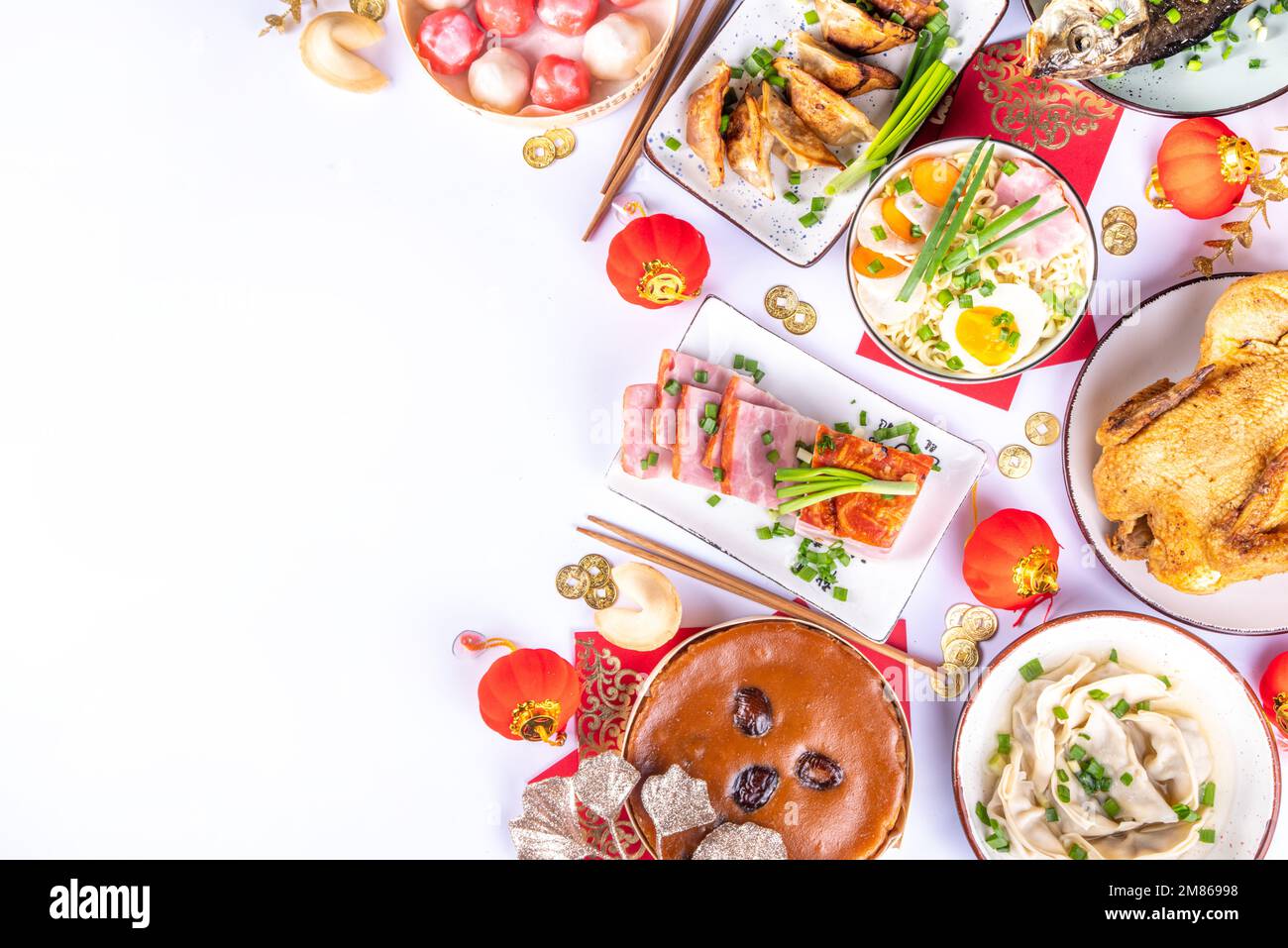 Traditional Chinese lunar New Year dinner table, party invitation, menu ...