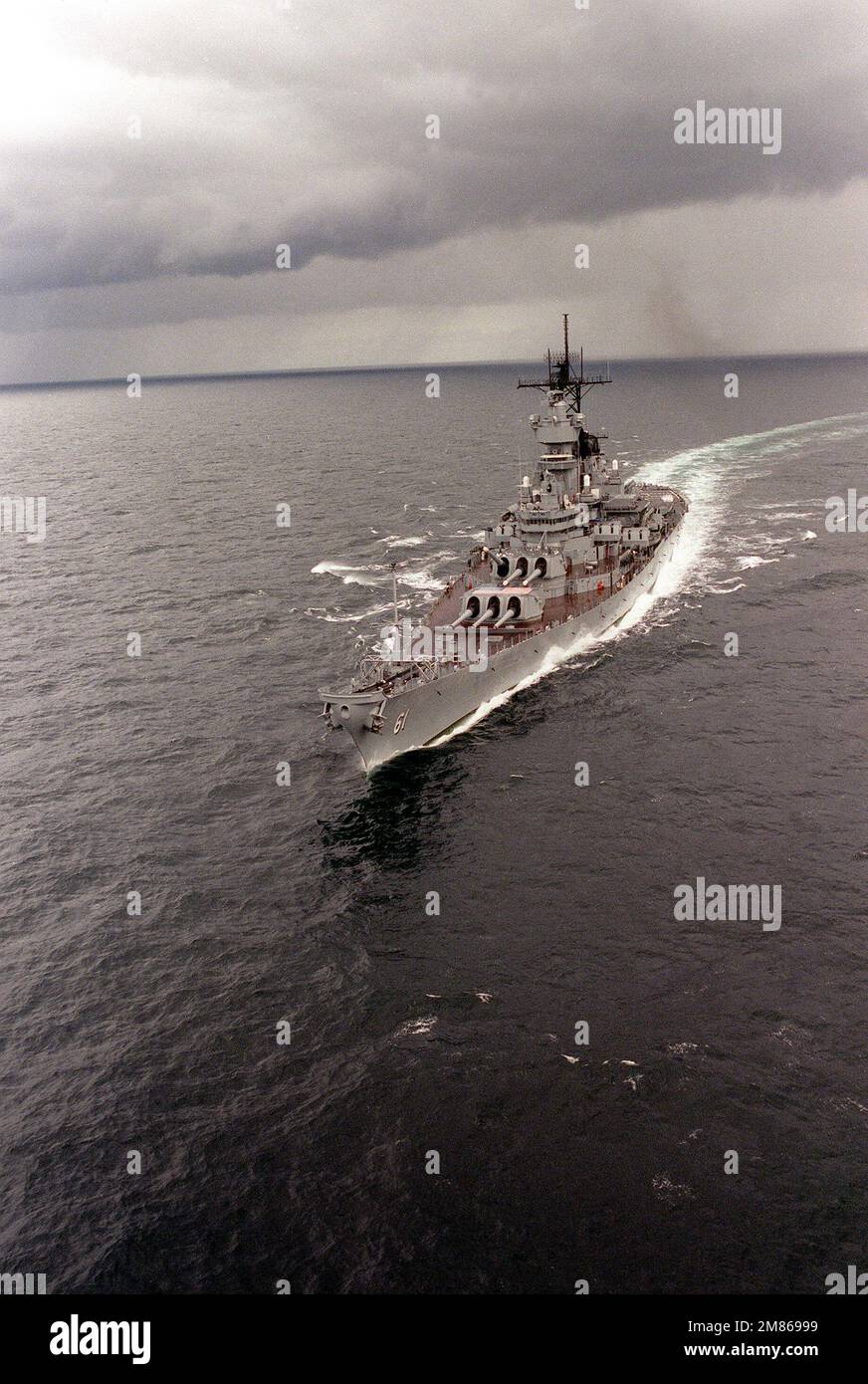 A port bow view of the battleship USS IOWA (BB-61) underway during NATO Exercise Northern ...