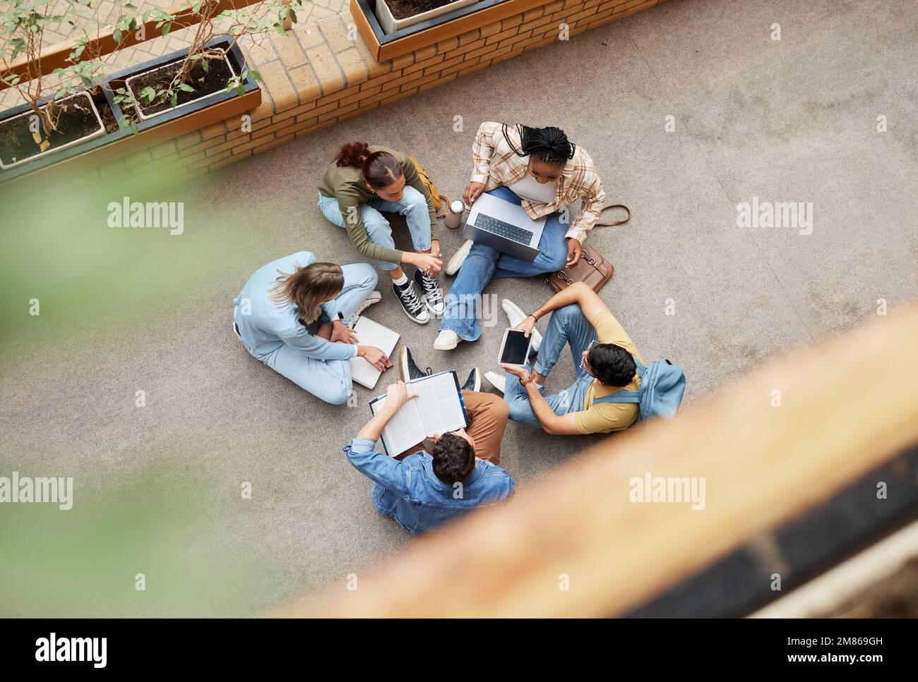 Study, university group and students on floor for research, project or ...